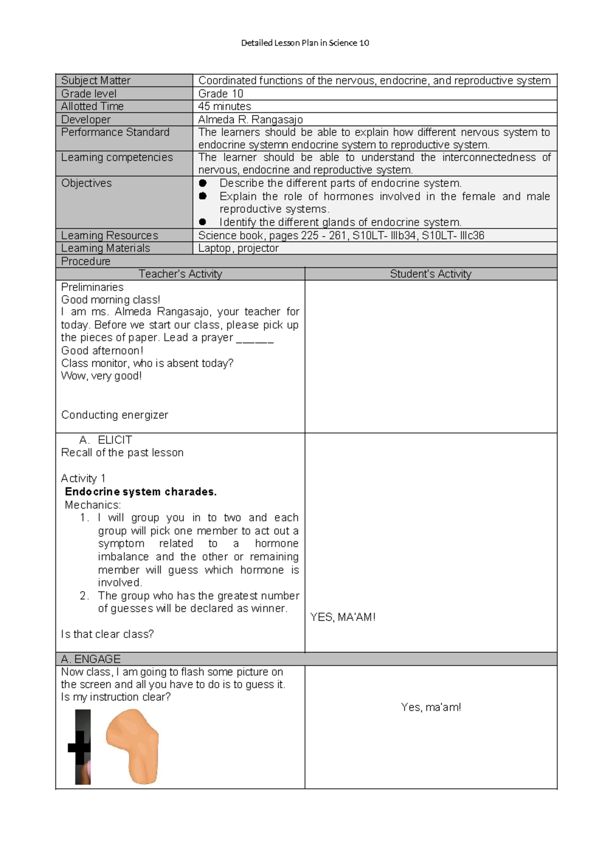 Detailed Lesson Plan in Science 10: Nervous, Endocrine & Reproductive ...