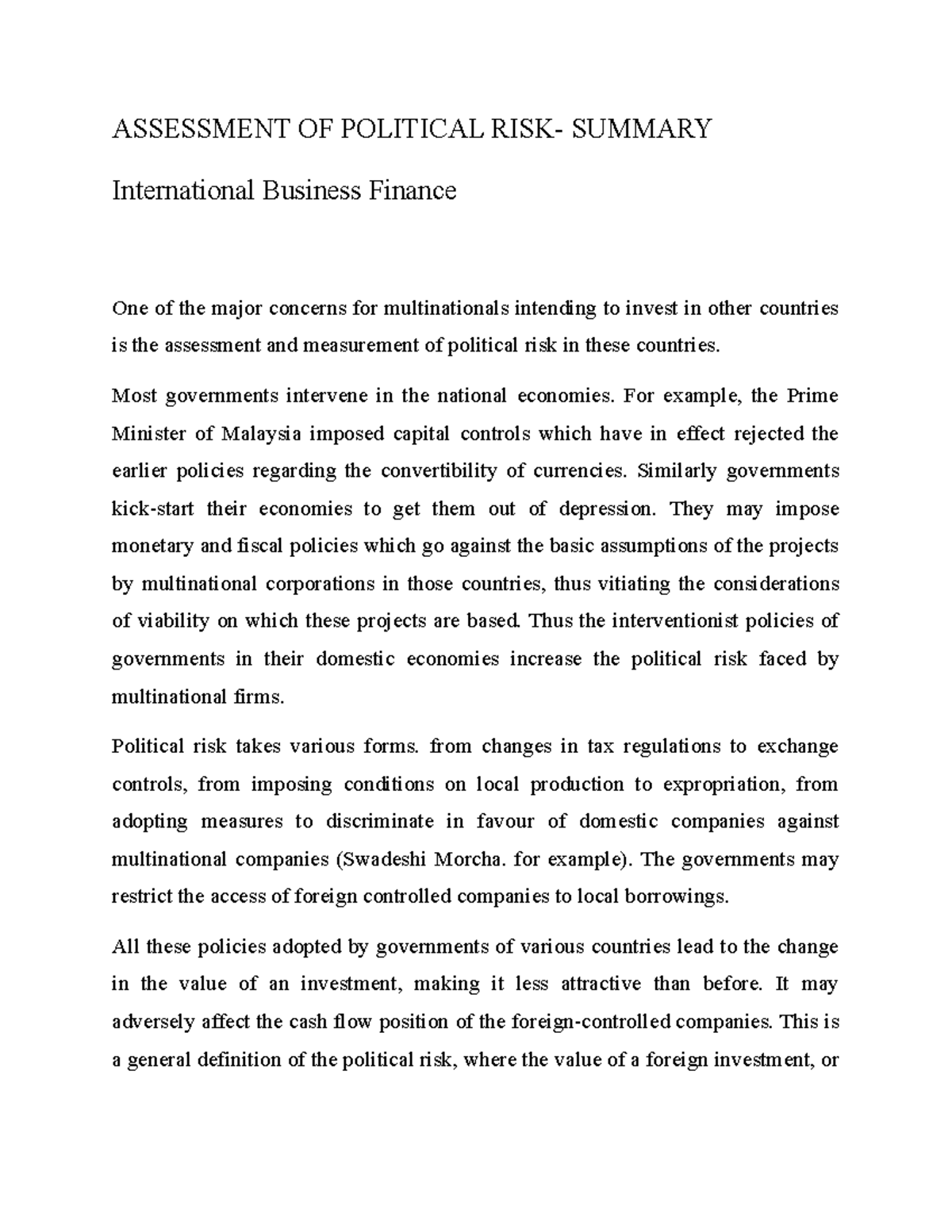 Assessment OF Political RISK - ASSESSMENT OF POLITICAL RISK- SUMMARY ...