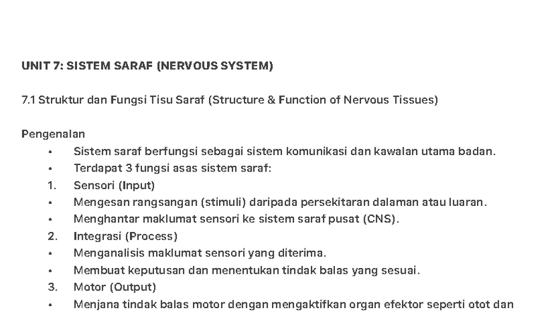 GCSF 7.1 NOTA Ringkas: Struktur dan Fungsi Tisu Saraf - Studocu