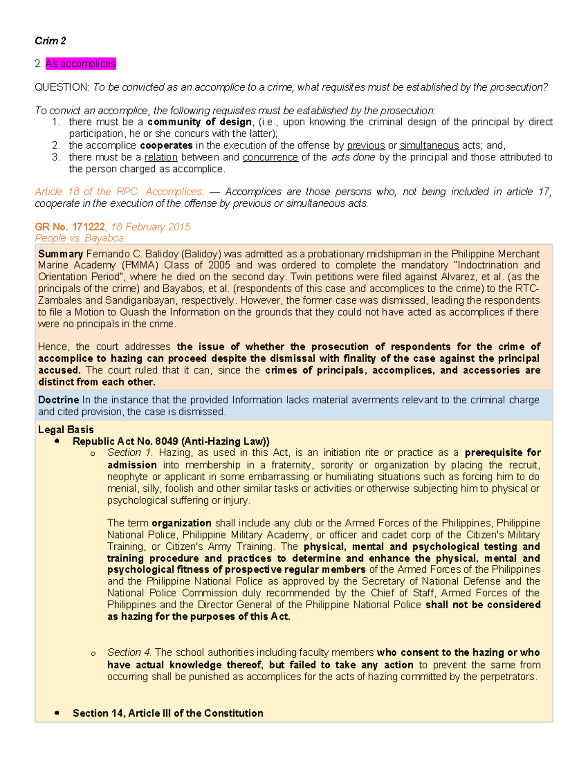 Crim 2 - Case summaries plus outlinr - Crim 2 2. As accomplices ...