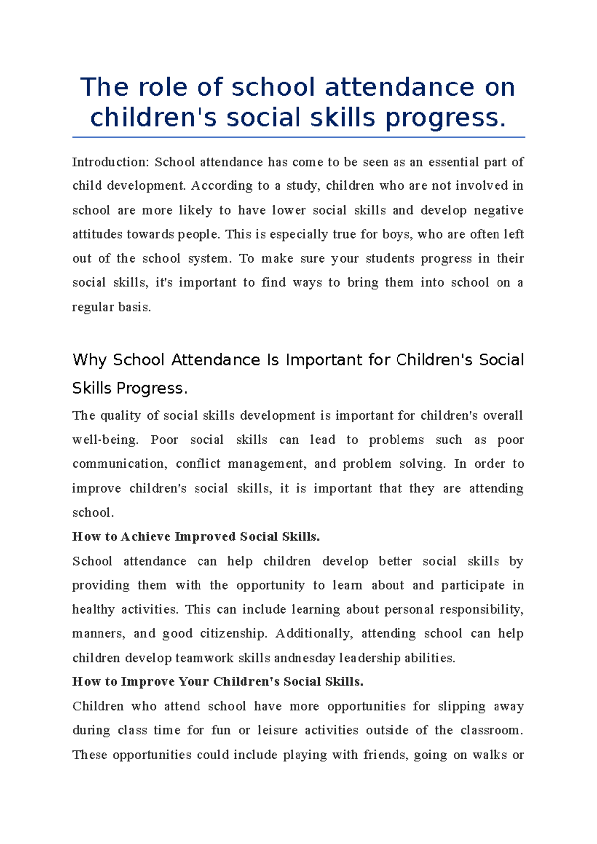The role of school attendance on children's social skills progress ...
