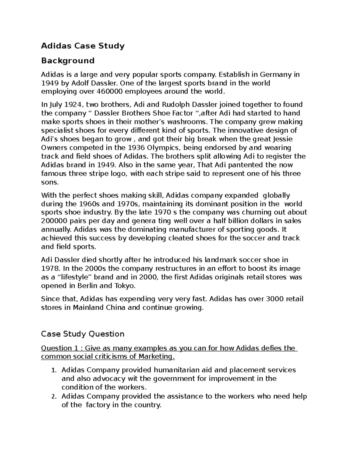 Adidas Case Study: Exploring Marketing and Social Responsibility - Studocu