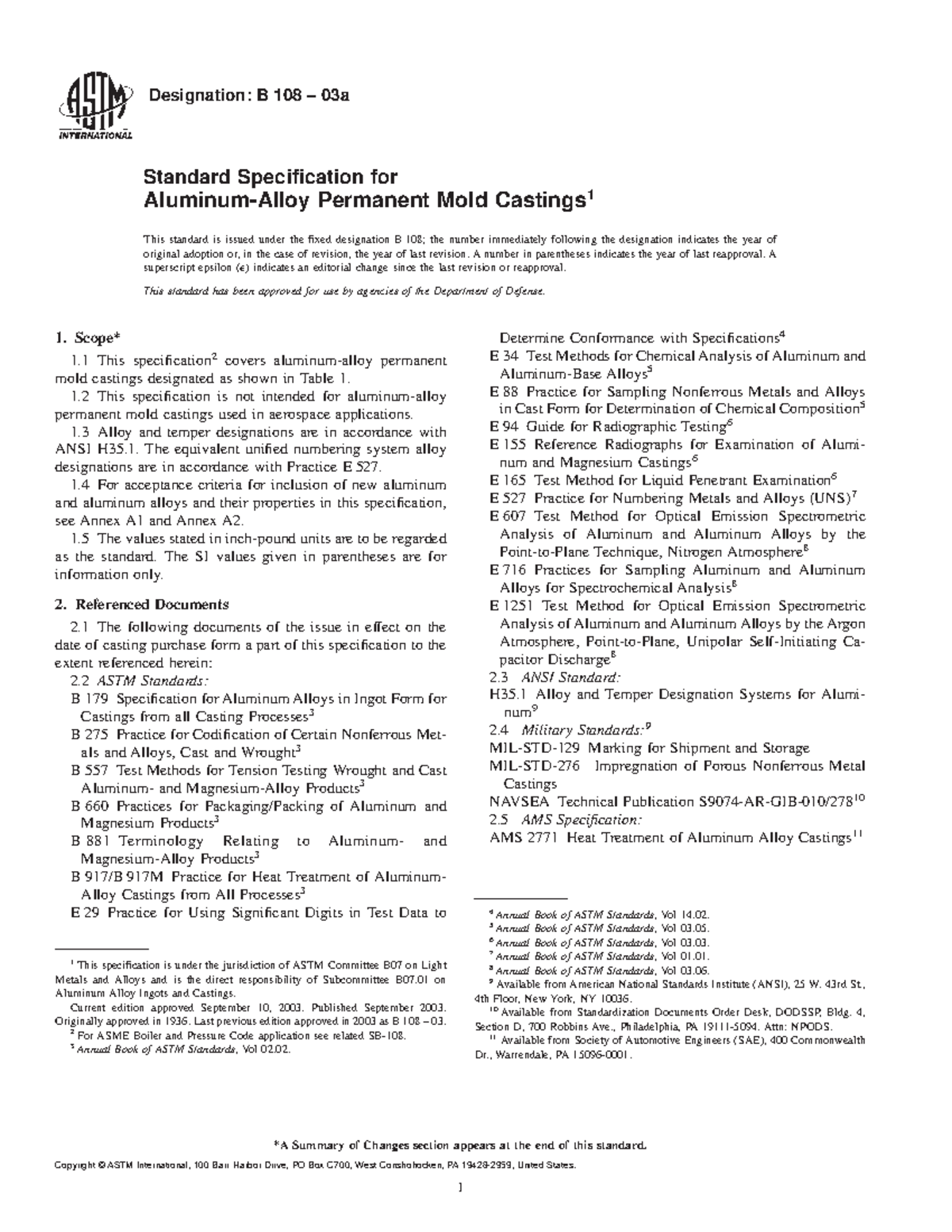 ASTM B108-03 Standard Spec for Aluminum Alloy Permanent Mold Castings ...