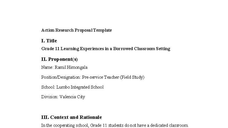 Action Research Proposal: Grade 11 Learning in Borrowed Classrooms ...