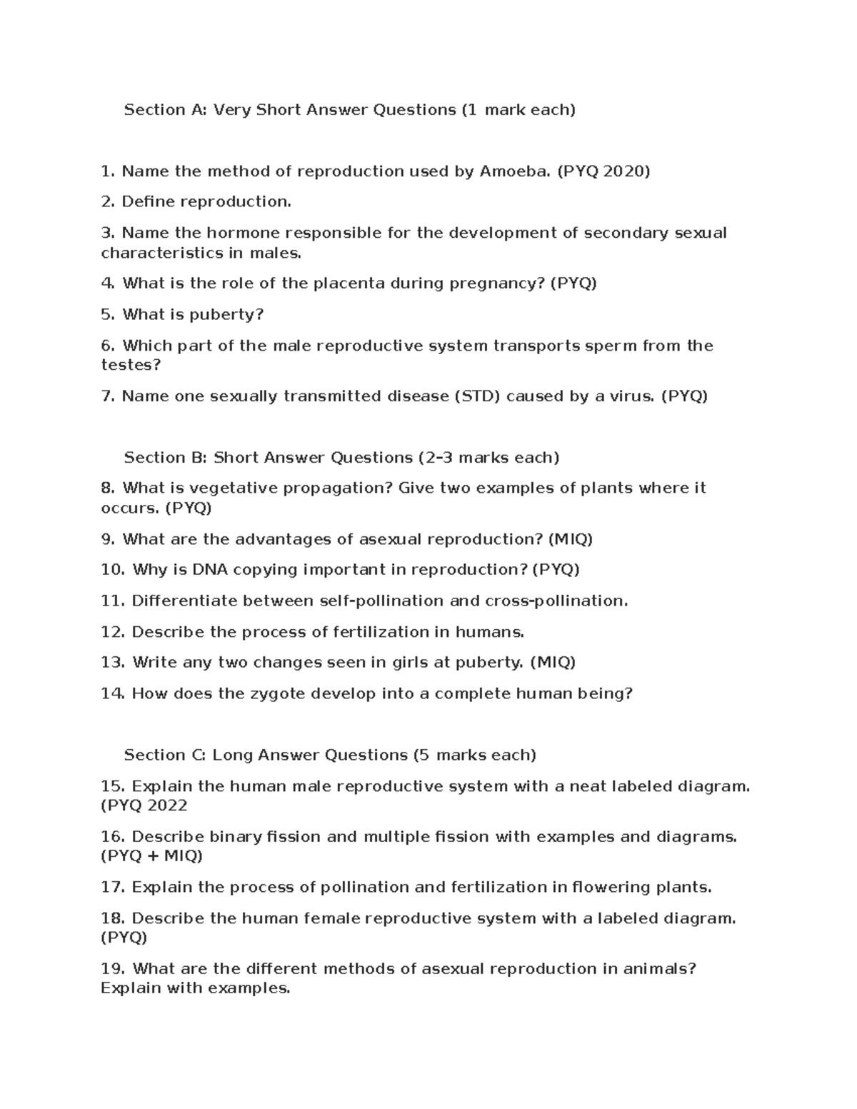 Class 10 Biology Practice Paper: Short & Long Answer Questions - Studocu