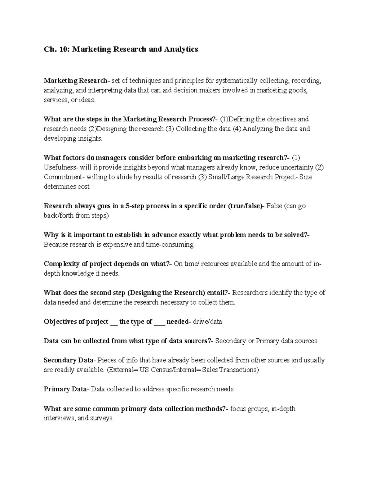 MKT CH 10 Notes - Ch. 10: Marketing Research and Analytics Marketing ...