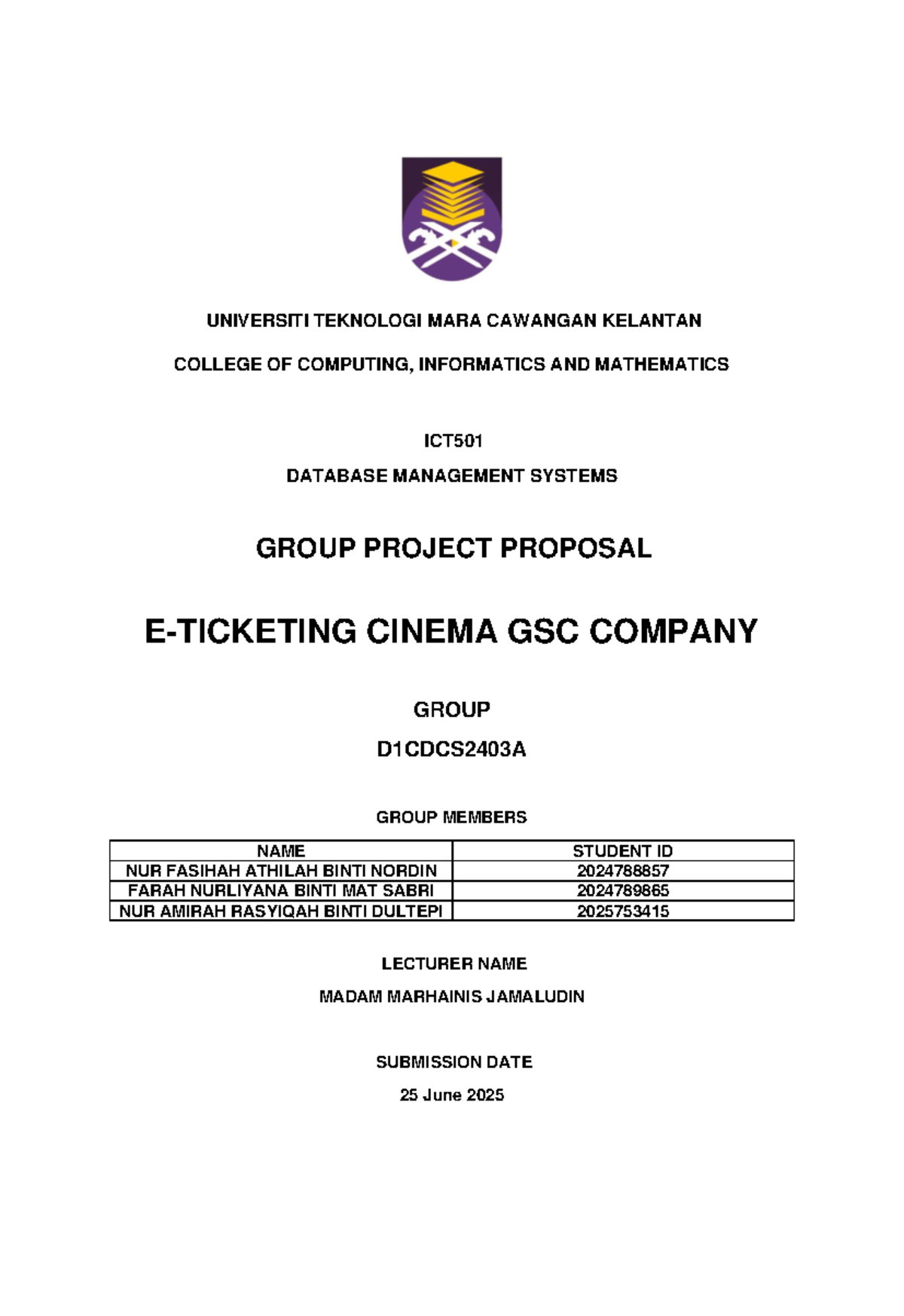 ICT501 Group Project Proposal: Database Management for GSC Cinema - Studocu