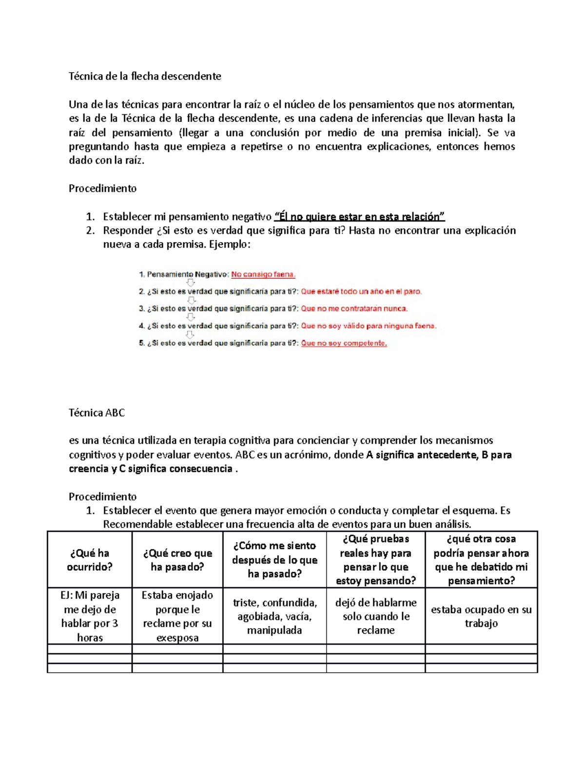 Técnica Flecha Ascendente y Descendente en Terapia Cognitiva - Studocu