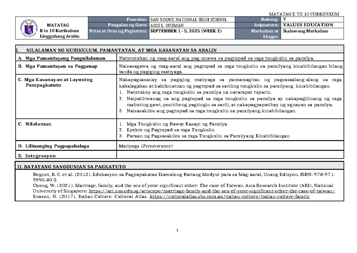 MATATAG K to 10 Curriculum: Lingguhang Aralin I sa Values Ed 7 - Studocu