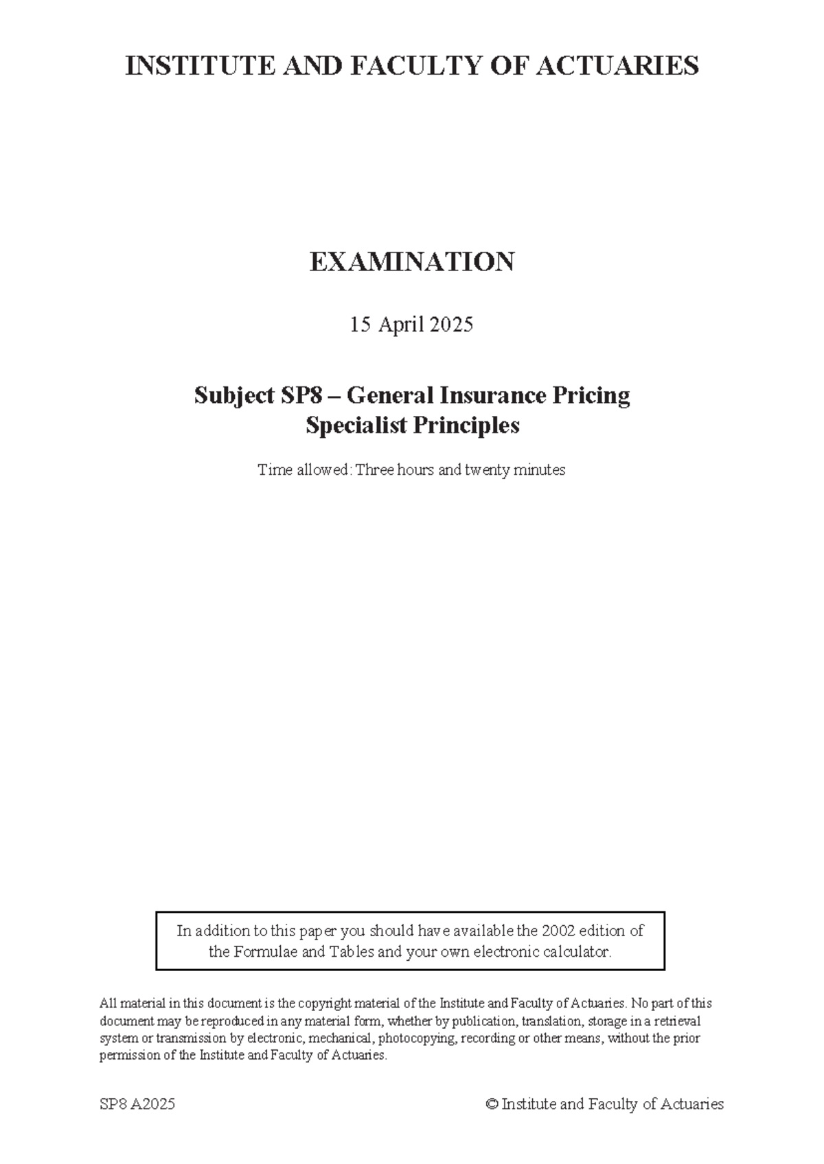 SP8 April 2025 Exam - General Insurance Pricing Principles - Studocu