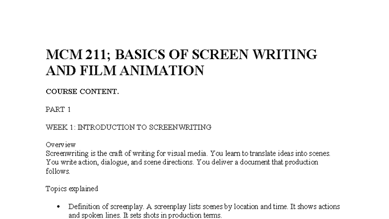 MCM 211 Course Content: Screenwriting & Film Animation Overview - Studocu