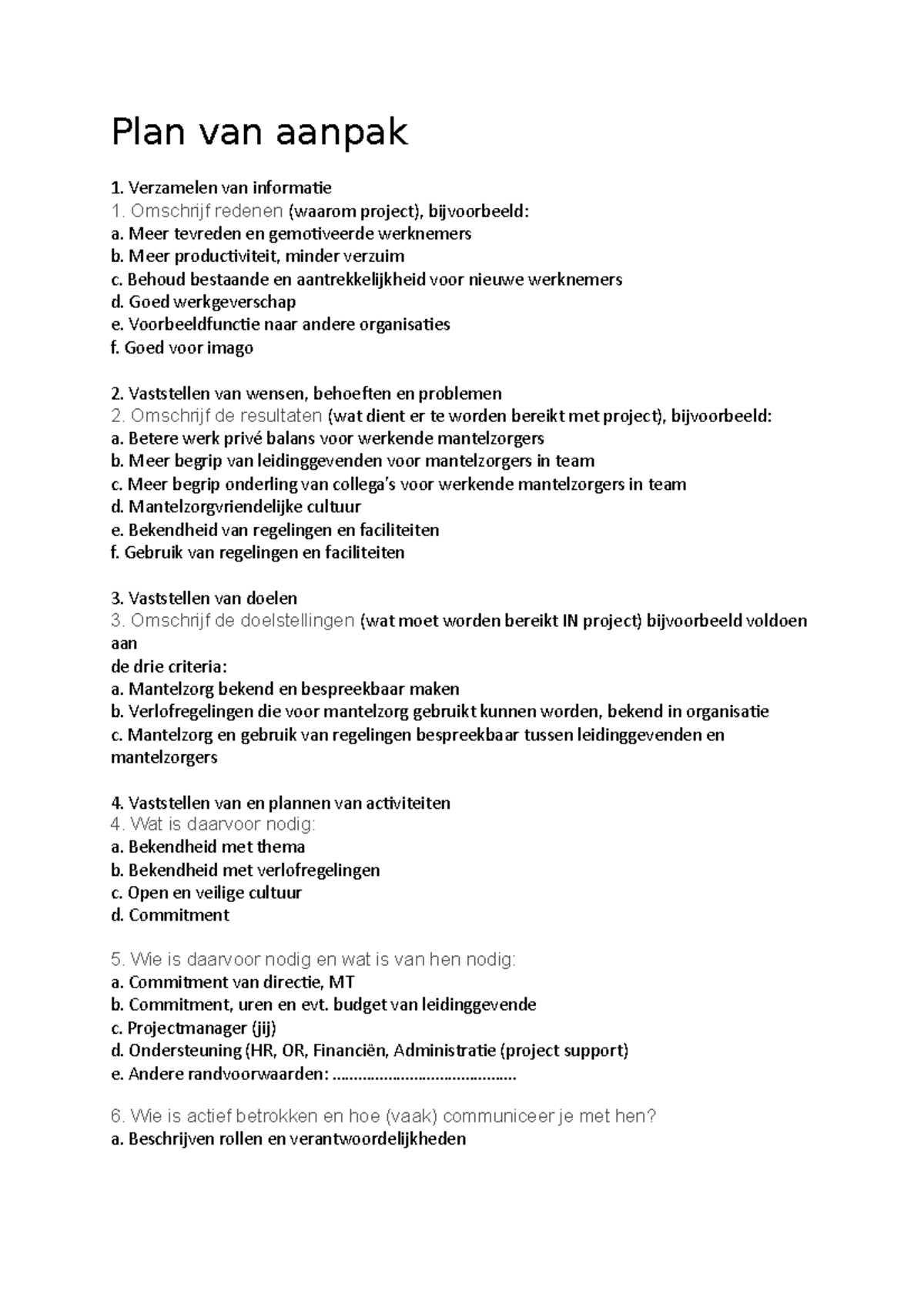 Plan van Aanpak voor Mantelzorgproject: Voorbeelddocument - Studeersnel