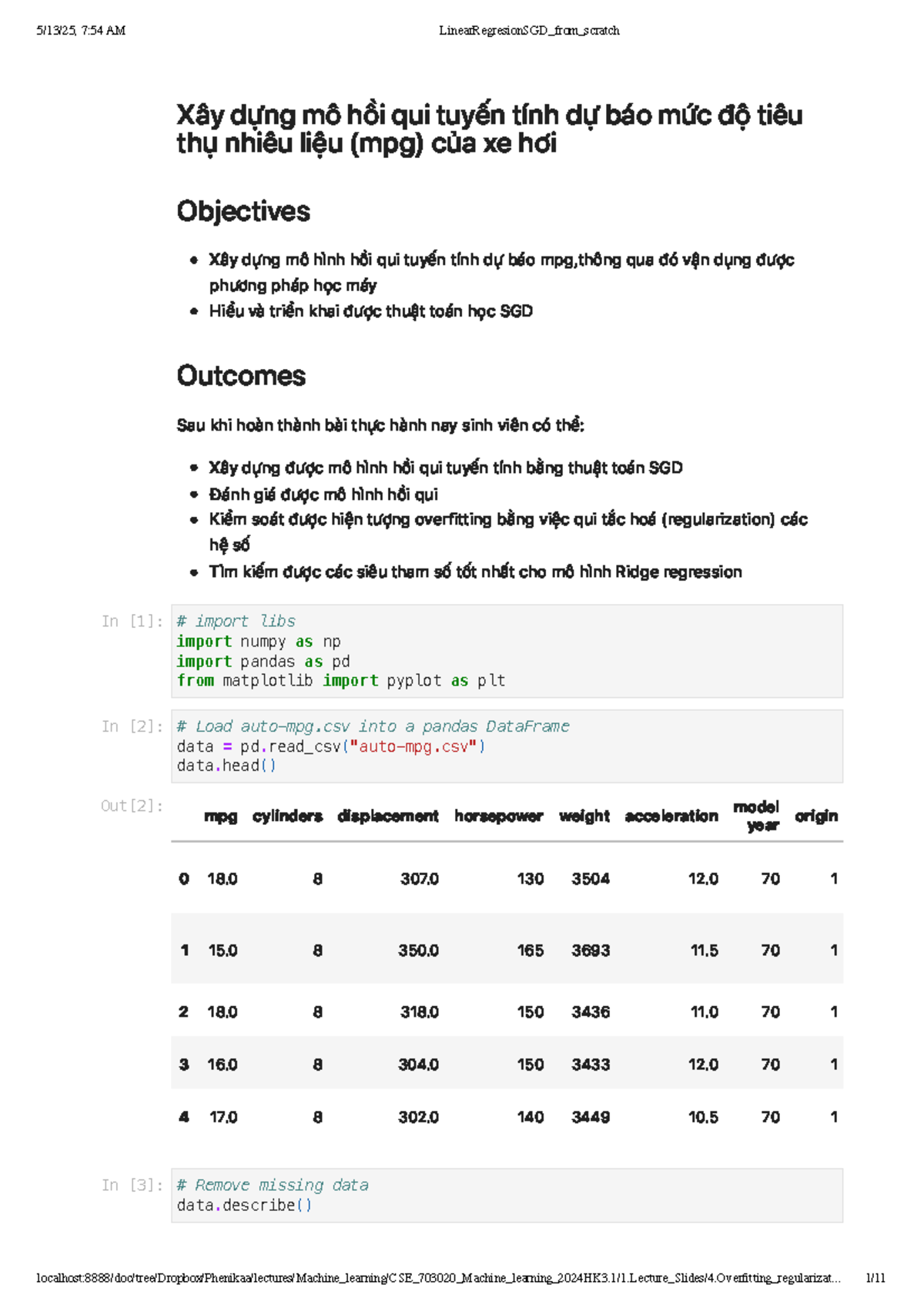 Linear Regression SGD from Scratch: Predicting MPG with Python - Studocu