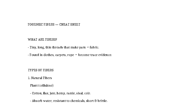 Forensic Fibers Cheat Sheet: Types, Evidence & Lab Steps - Studocu