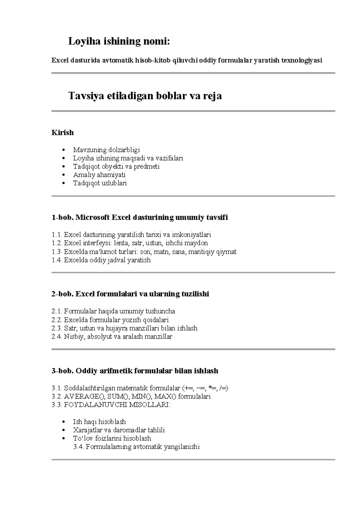 Excel Dasturida Avtomatik Hisob-Kitob Formulalari: Loyiha Ishining ...