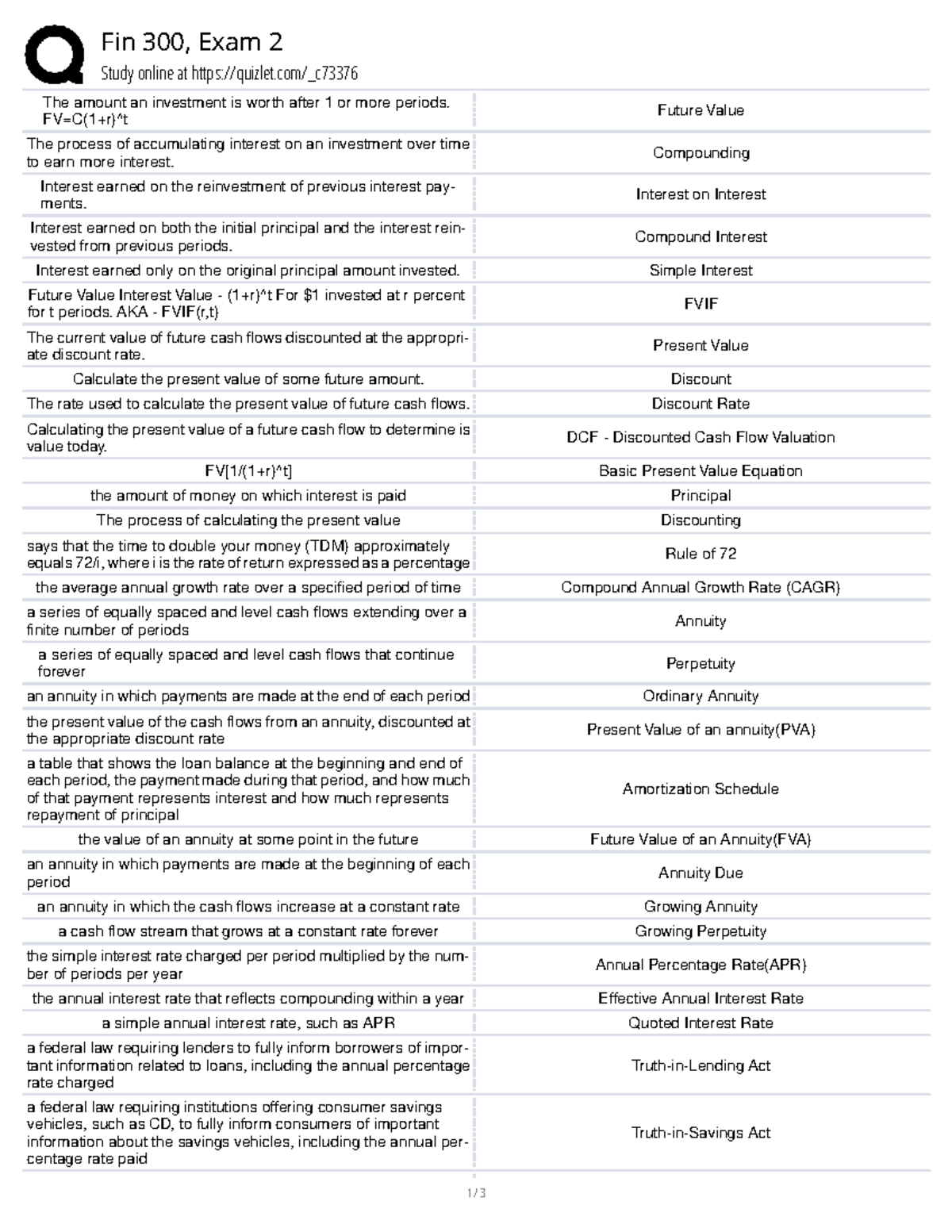 Fin 300, Exam 2 Study Guide: Key Concepts & Formulas - Studocu