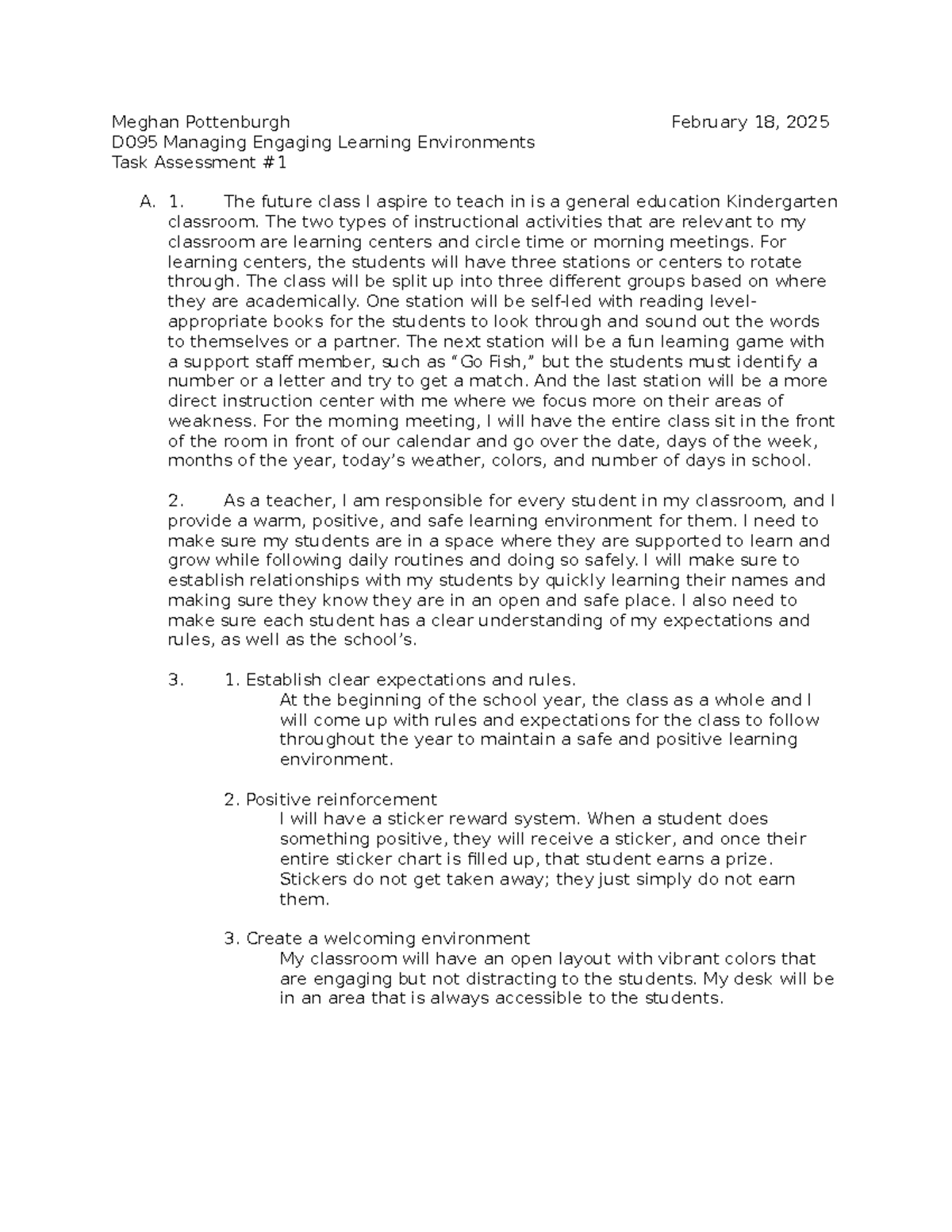 D095 Managing Engaging Learning Environments: Task 1 Assessment - Studocu