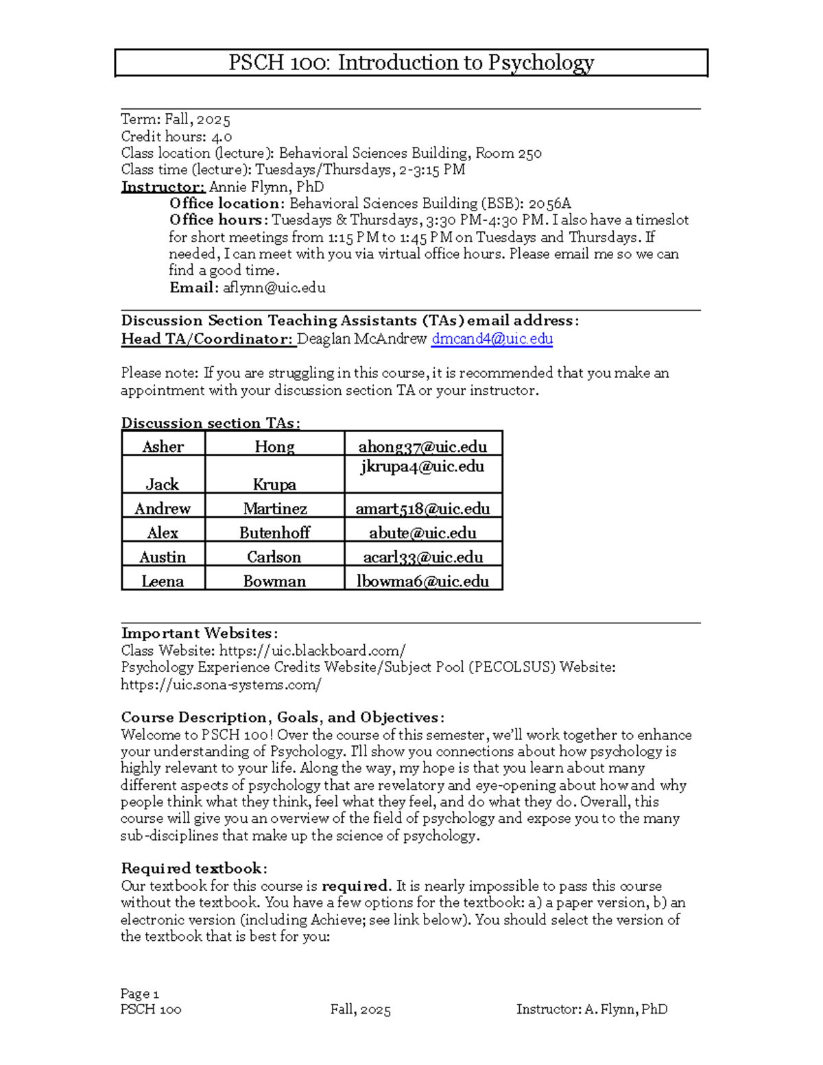 PSCH 100: Syllabus for Introduction to Psychology - Fall 2025 - Studocu