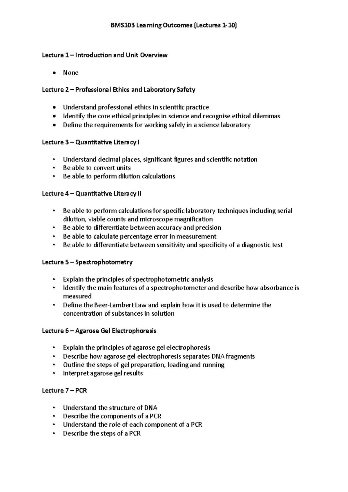 BMS103 Learning Outcomes: Lectures 1-7 Overview and Key Concepts - Studocu