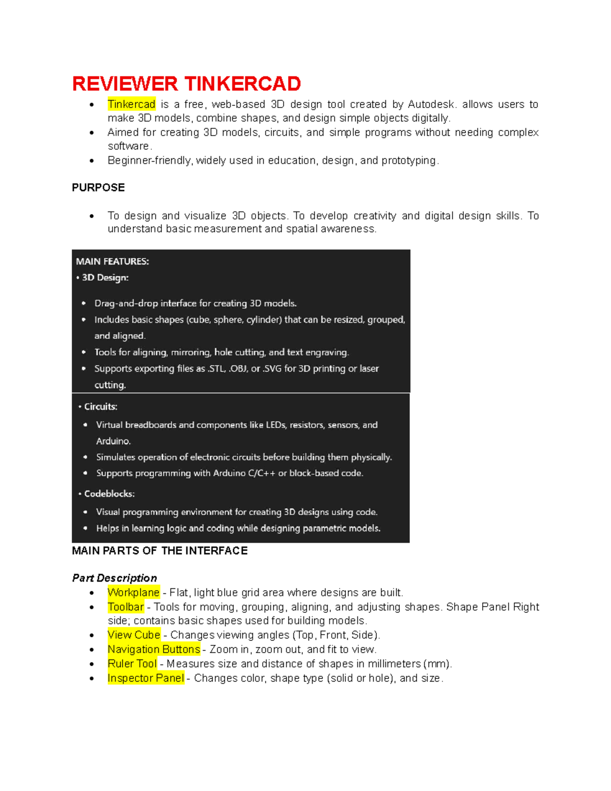 REVIEWER TINKERCAD: 3D Design Basics for Emptech Course - Studocu