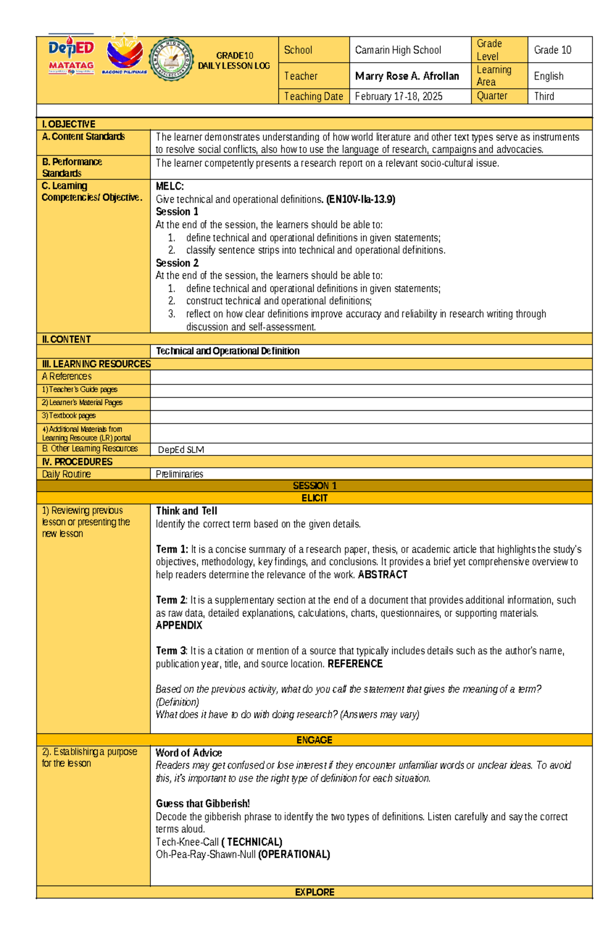 Grade 10 English Daily Lesson Log: Technical & Operational Definitions ...
