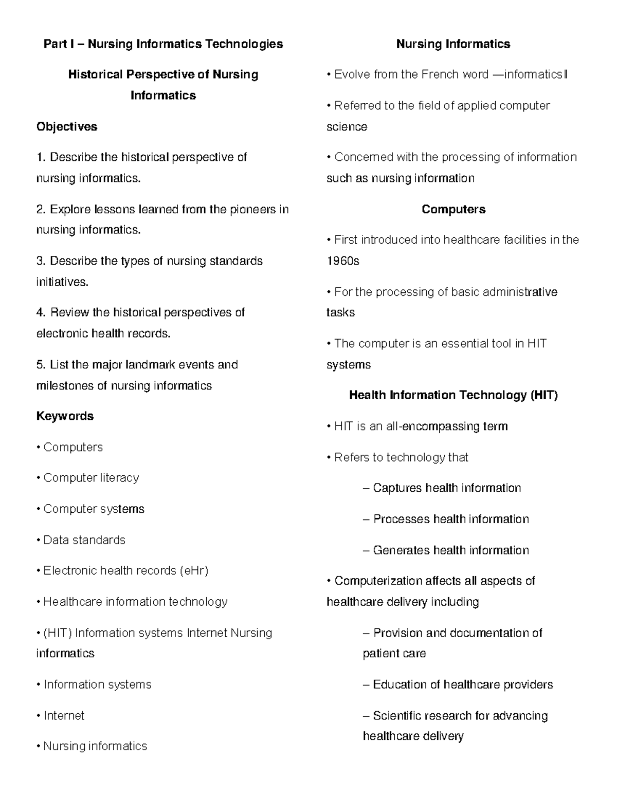 Chapter 1Notes - nursing informatics - Part I – Nursing Informatics ...