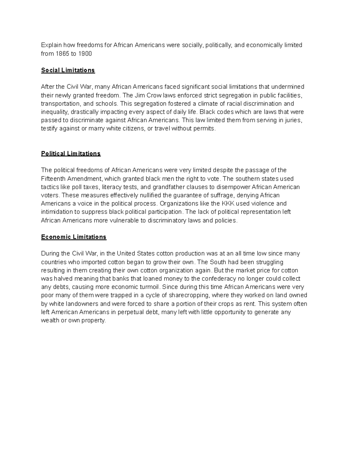 1.06 Assignment - Limitations on African American Freedoms (1865-1900 ...
