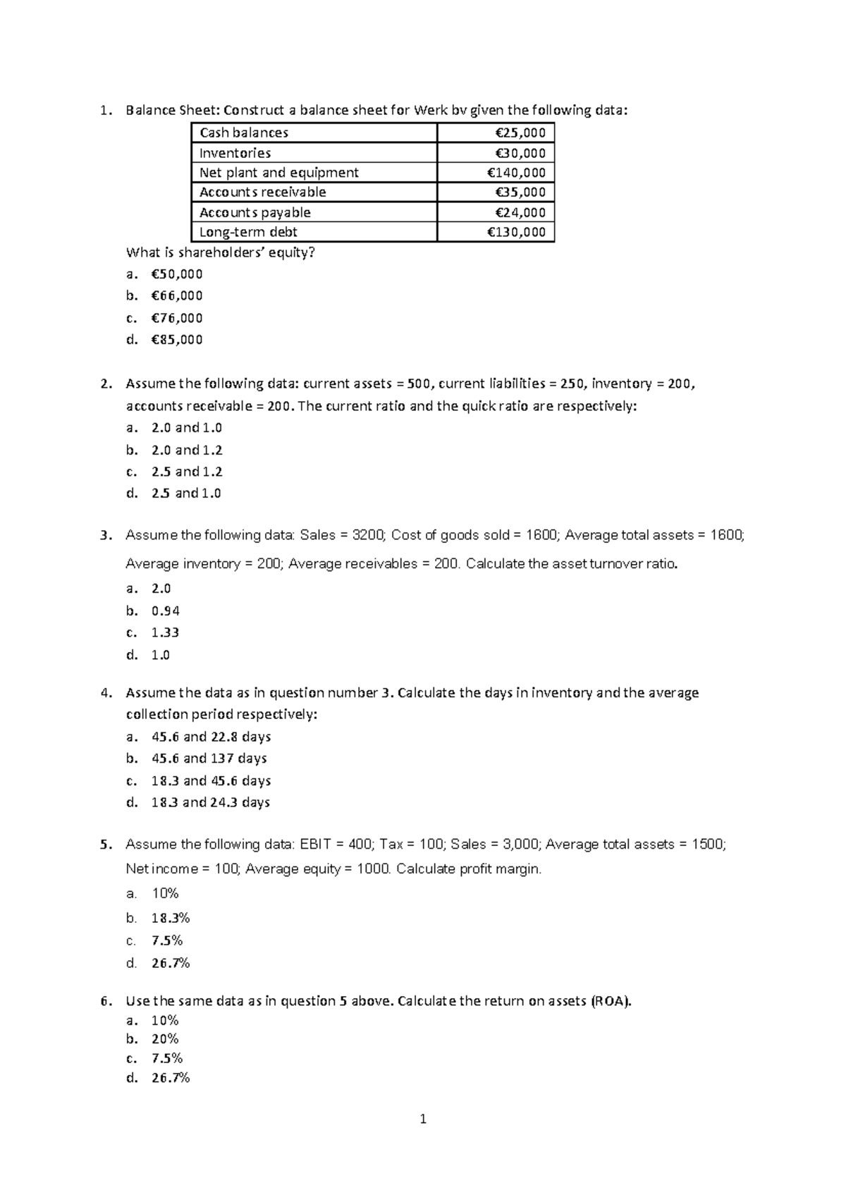 Bedrijfseconomie Exercises - Review with Solutions, Lecture 1 - Studeersnel