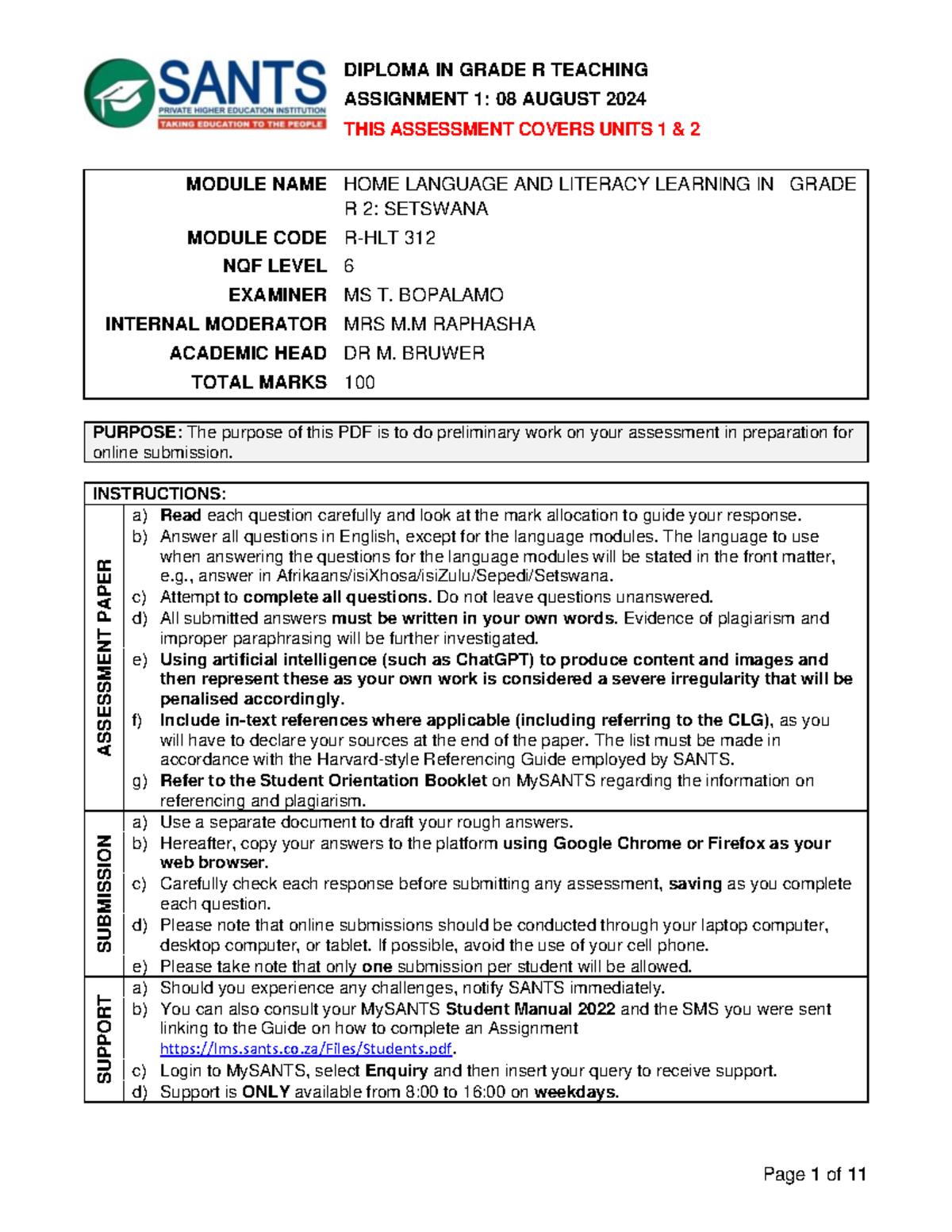 R-HLT 312: Home Language & Literacy Learning in Grade R 2 - Setswana ...