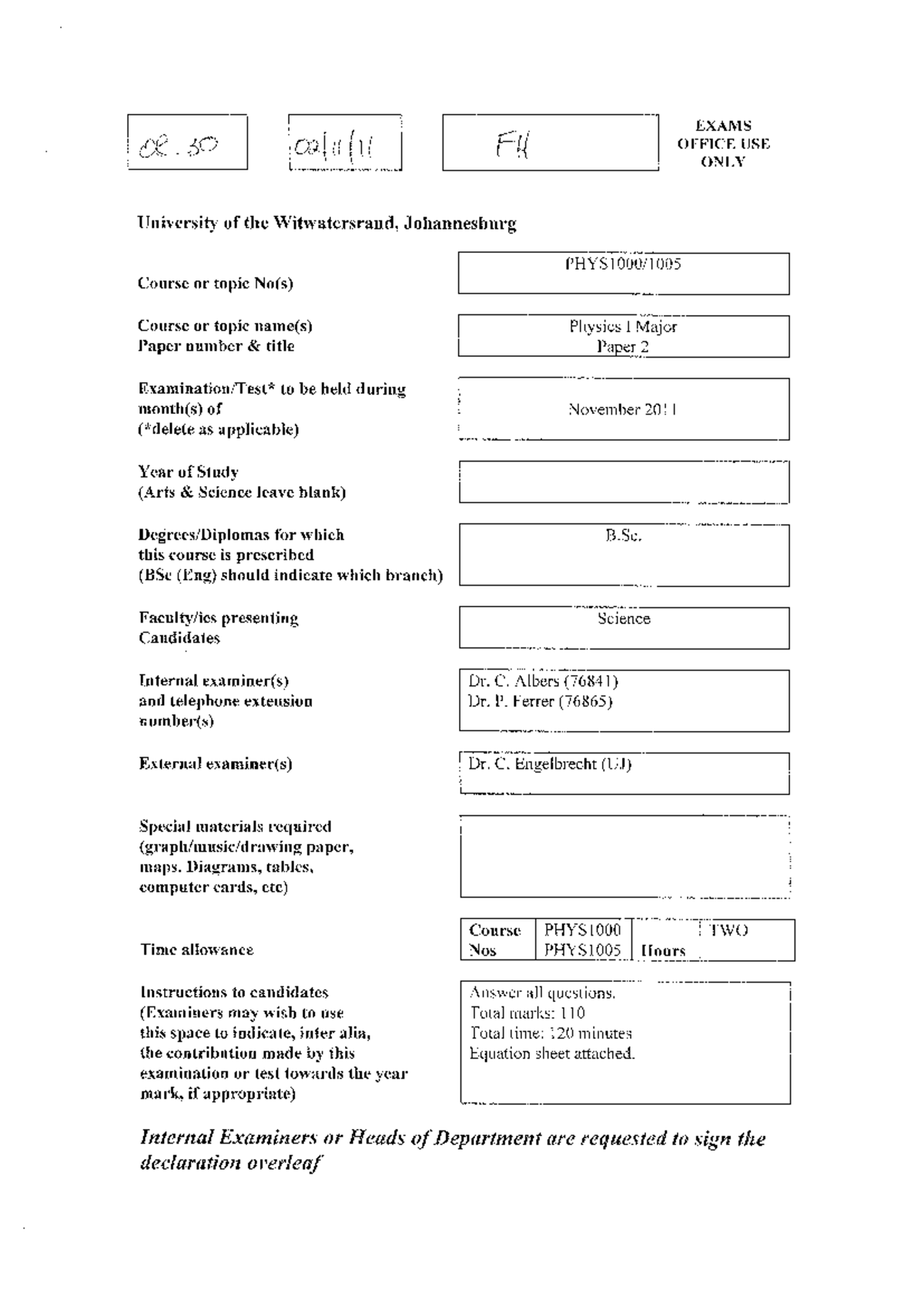 PHYS1000 - Physics I Major Paper 2 Past Exam November 2011 - Studocu