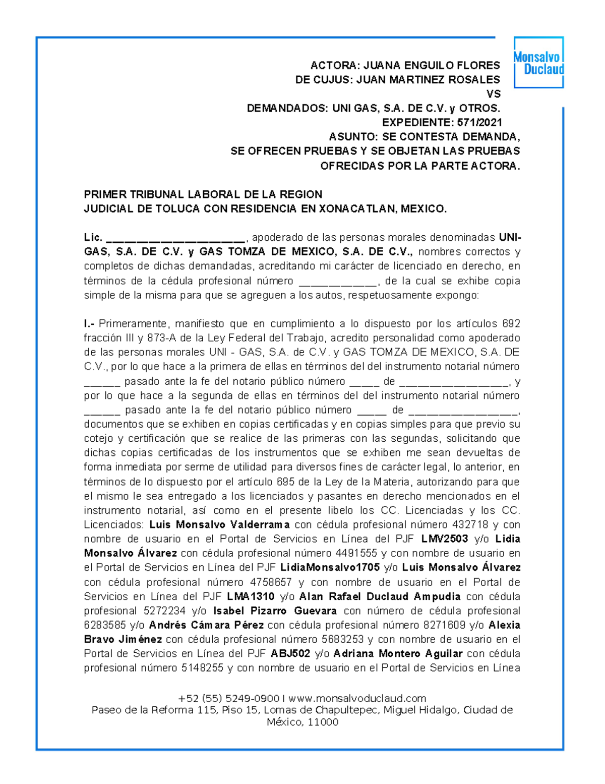 Contestacion Tomsa - LLLLLLL - ACTORA: JUANA ENGUILO FLORES DE CUJUS ...