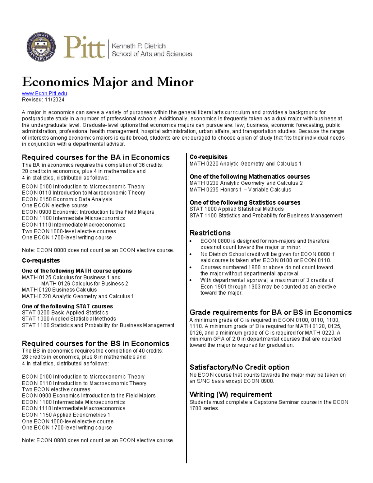 ECON Overview: Major & Minor Requirements in Economics - Studocu