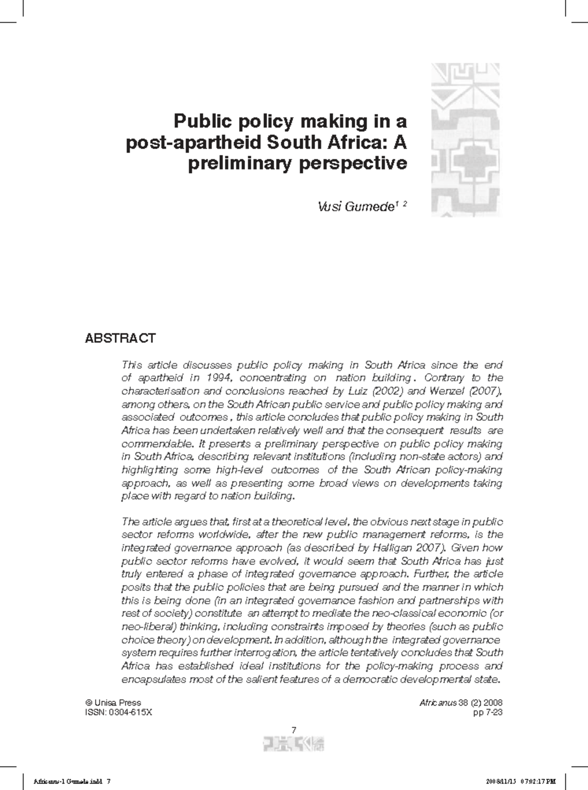 Public Policy Making in Post-Apartheid South Africa: A Preliminary ...