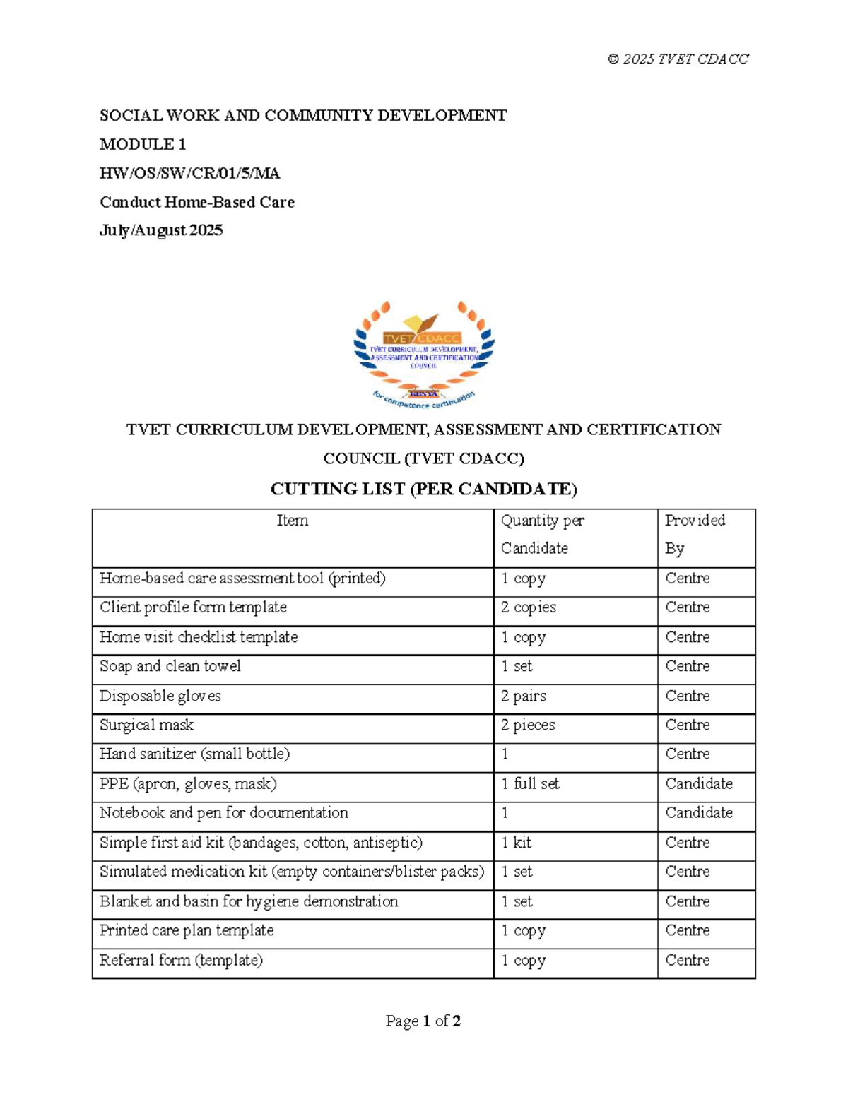 2025 TVET CDACC Social Work & Community Dev. Module 1: Cutting List ...
