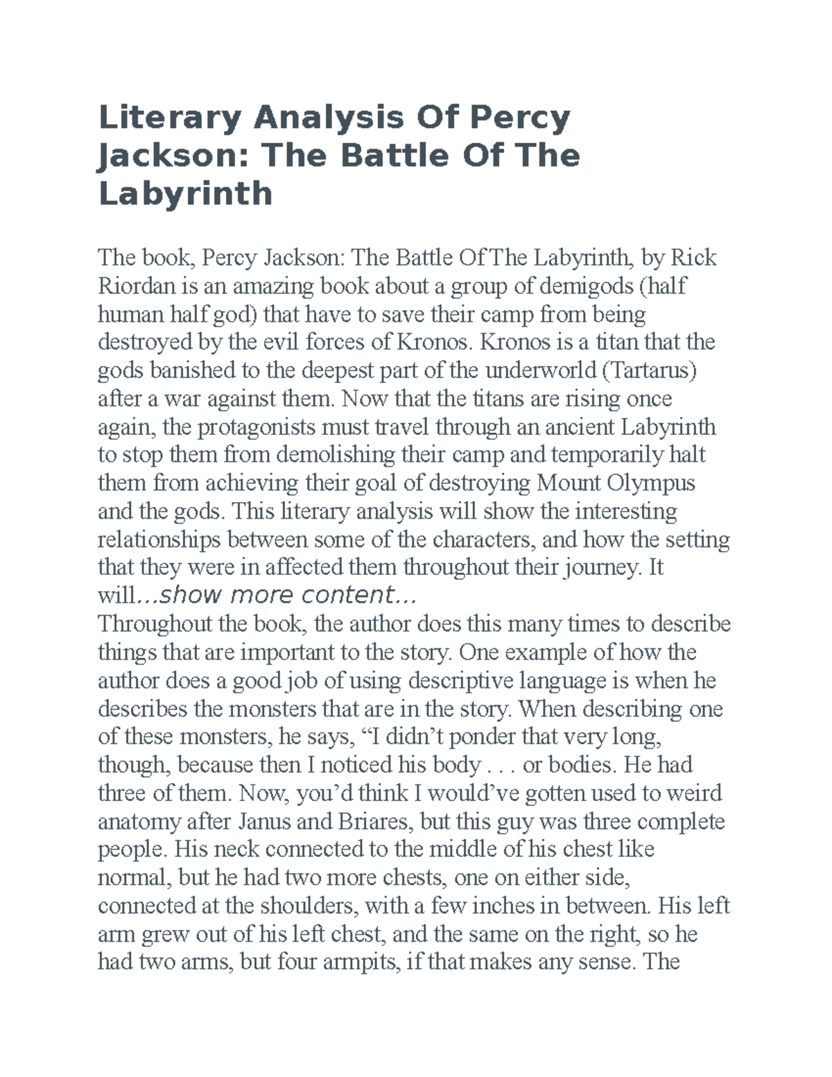 Literary Analysis: Percy Jackson - The Battle of the Labyrinth - Studocu