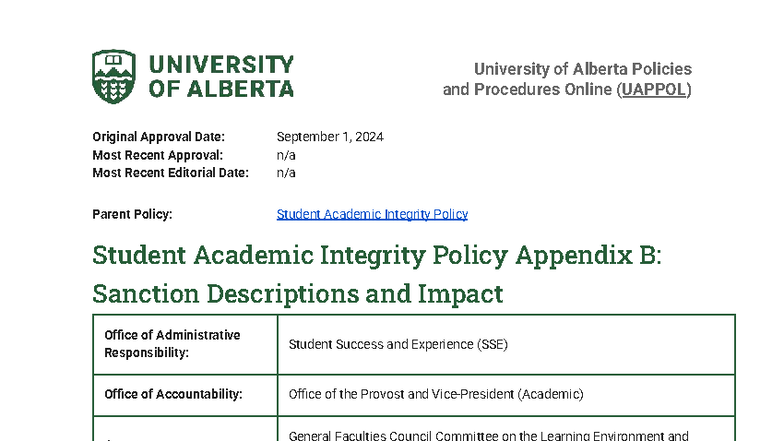 Student Academic Integrity Policy Appendix B: Sanction Descriptions UAPPOL - Studocu