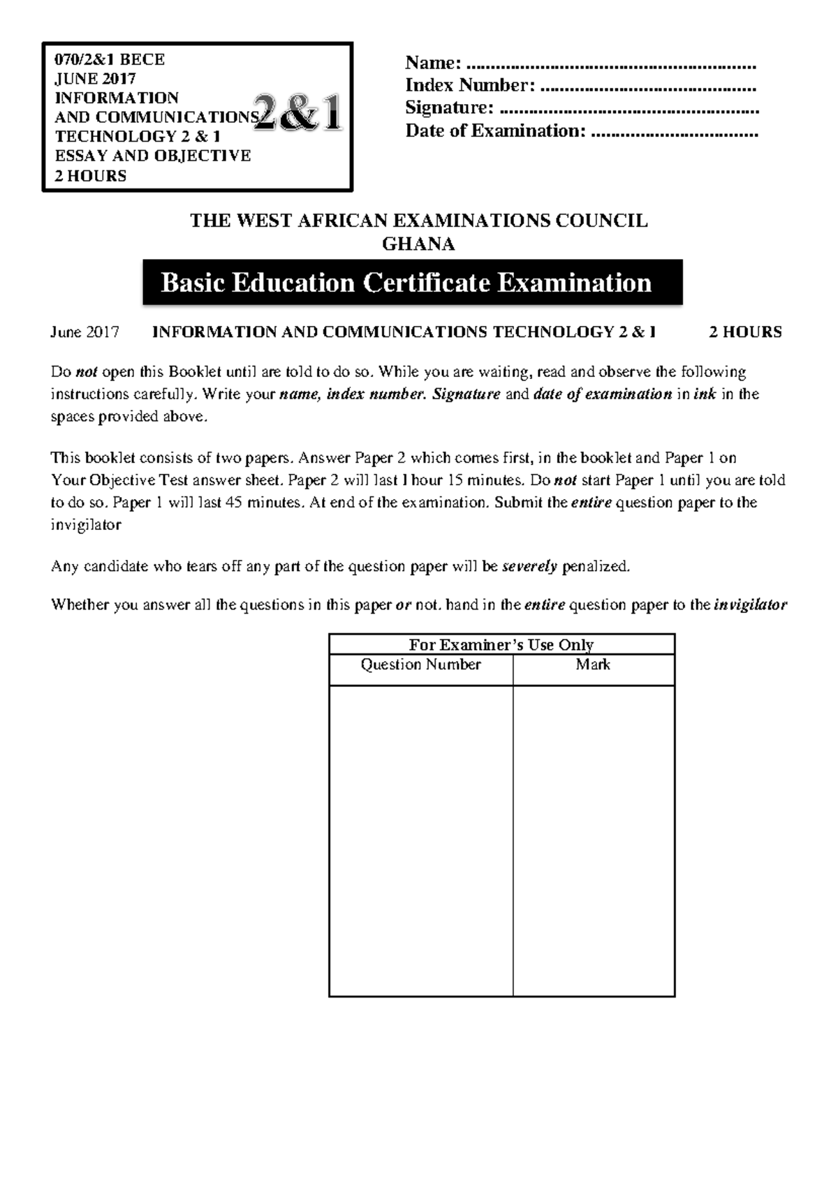 BECE ICT 2017 Past Exam Questions and Answers (070/2&1) - Studocu