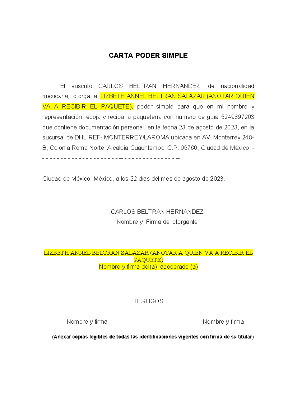 Carta Poder Simple para Recoger Paquete DHL - Carlos Beltran - Studocu
