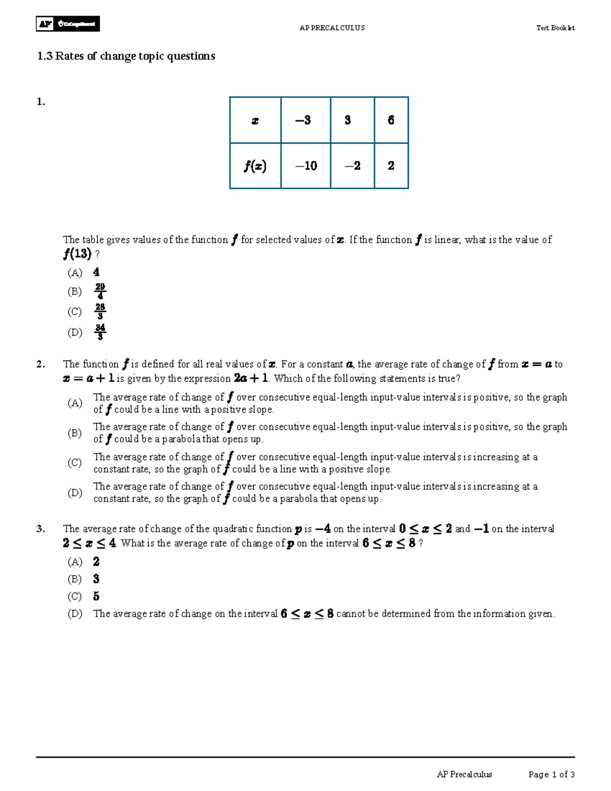 AP Precalculus 1: Rates of Change Topic Questions and Problems - Studocu