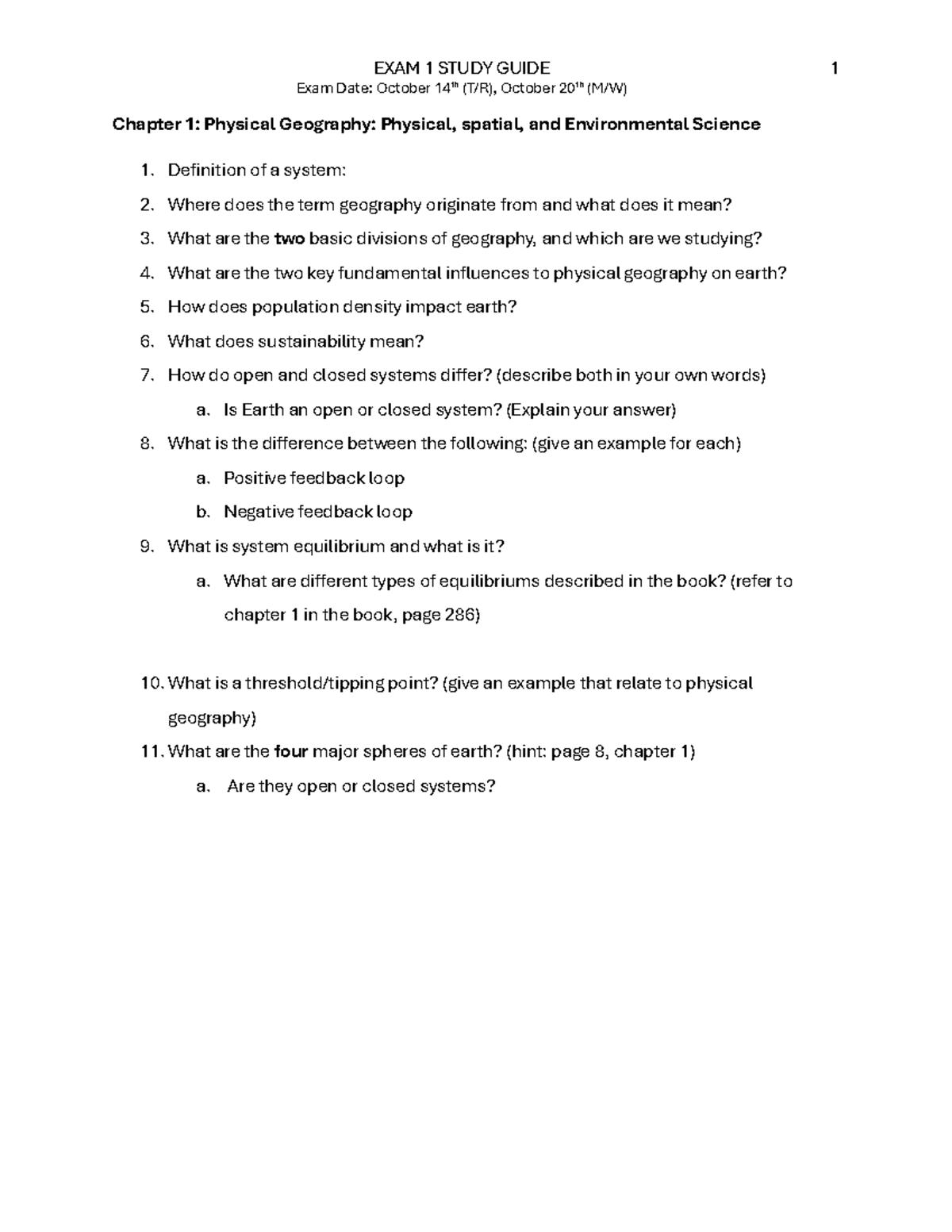 EXAM 1 STUDY GUIDE: Physical Geography Concepts (Course Code: PG101 ...