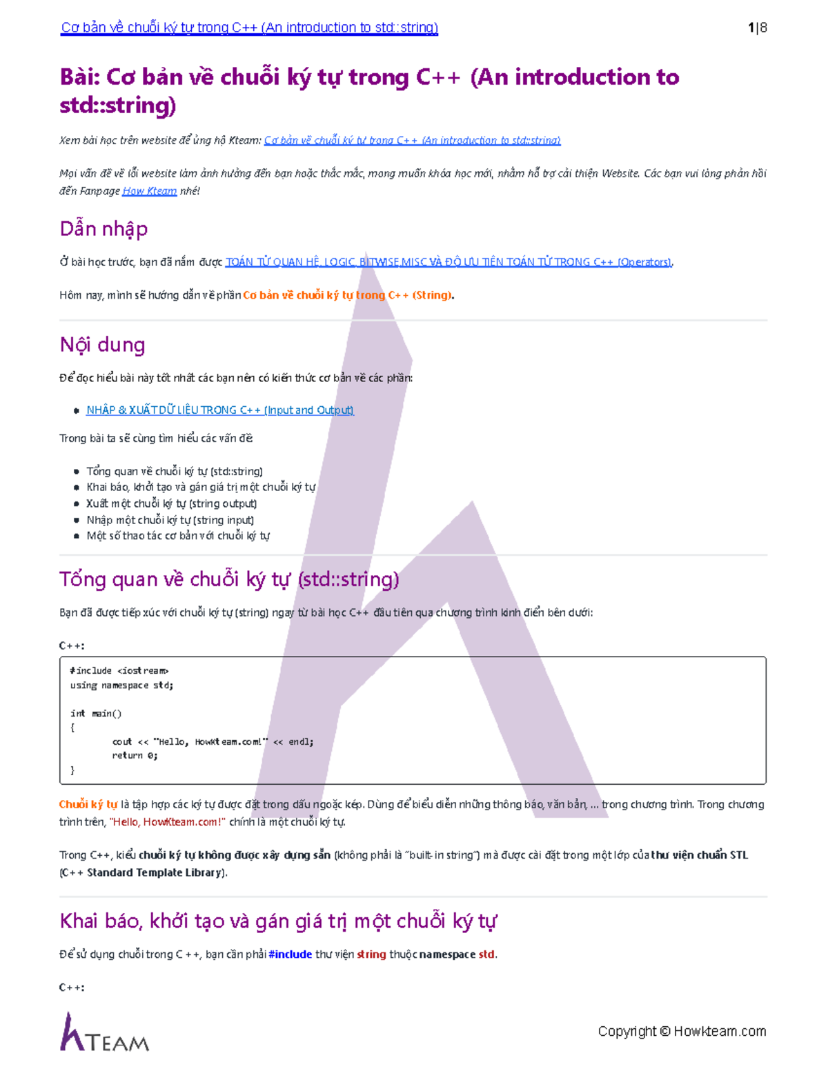 Howkteam.VN - Cơ bản về chuỗi ký tự trong C++ (An introduction to std string) - Bài: Cơ bản về ...