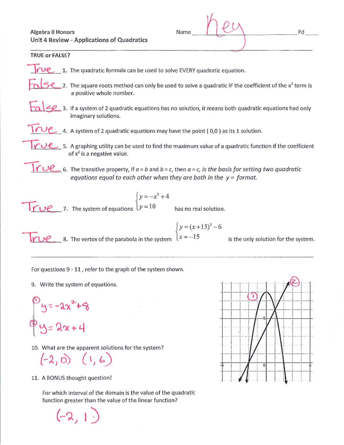 A2H+U4+Review+Key - Algebra II Honors Unit 4 Applications Review - Studocu