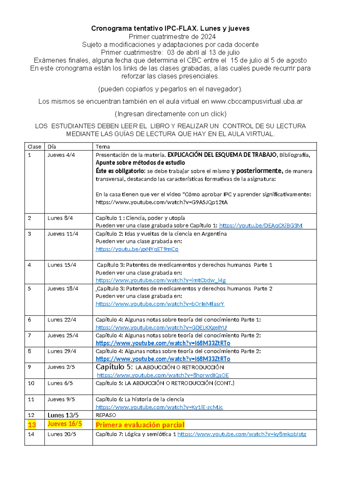 Cronograma IPC-FLAX 2024 Primer Cuatrimestre (Lunes y Jueves) - Studocu