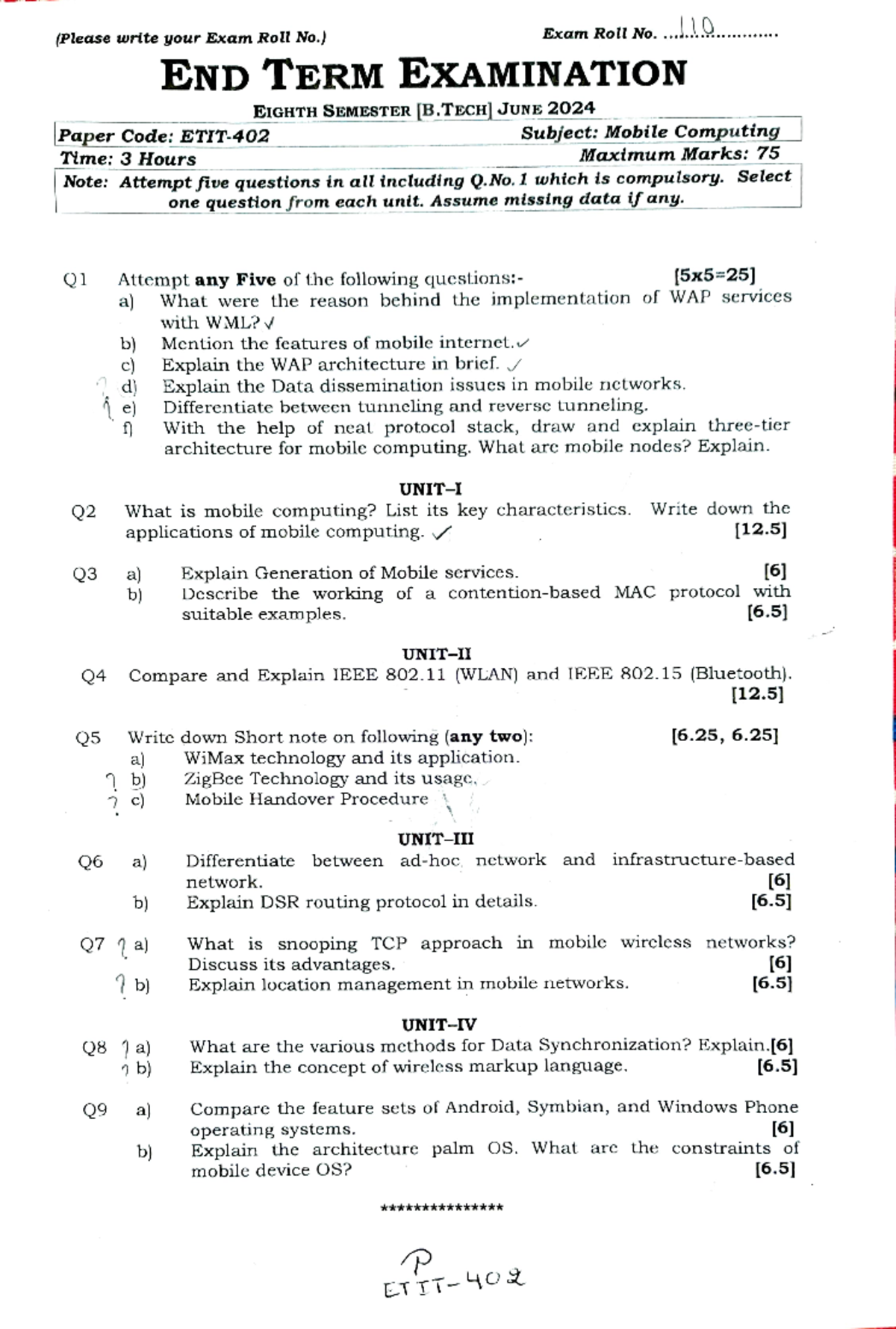 ETIT-2024 Mobile Computing End Semester Question Paper & Guidelines - Studocu