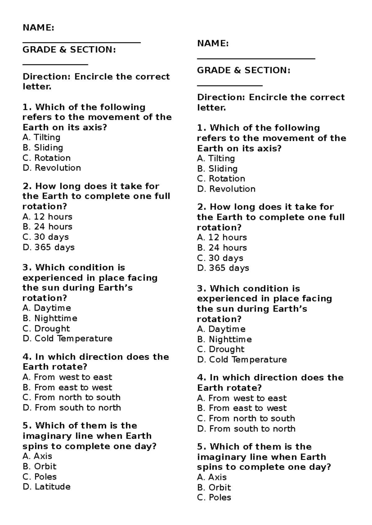 G6 Earth Movement Activity - Quiz on Rotation and Revolution - Studocu