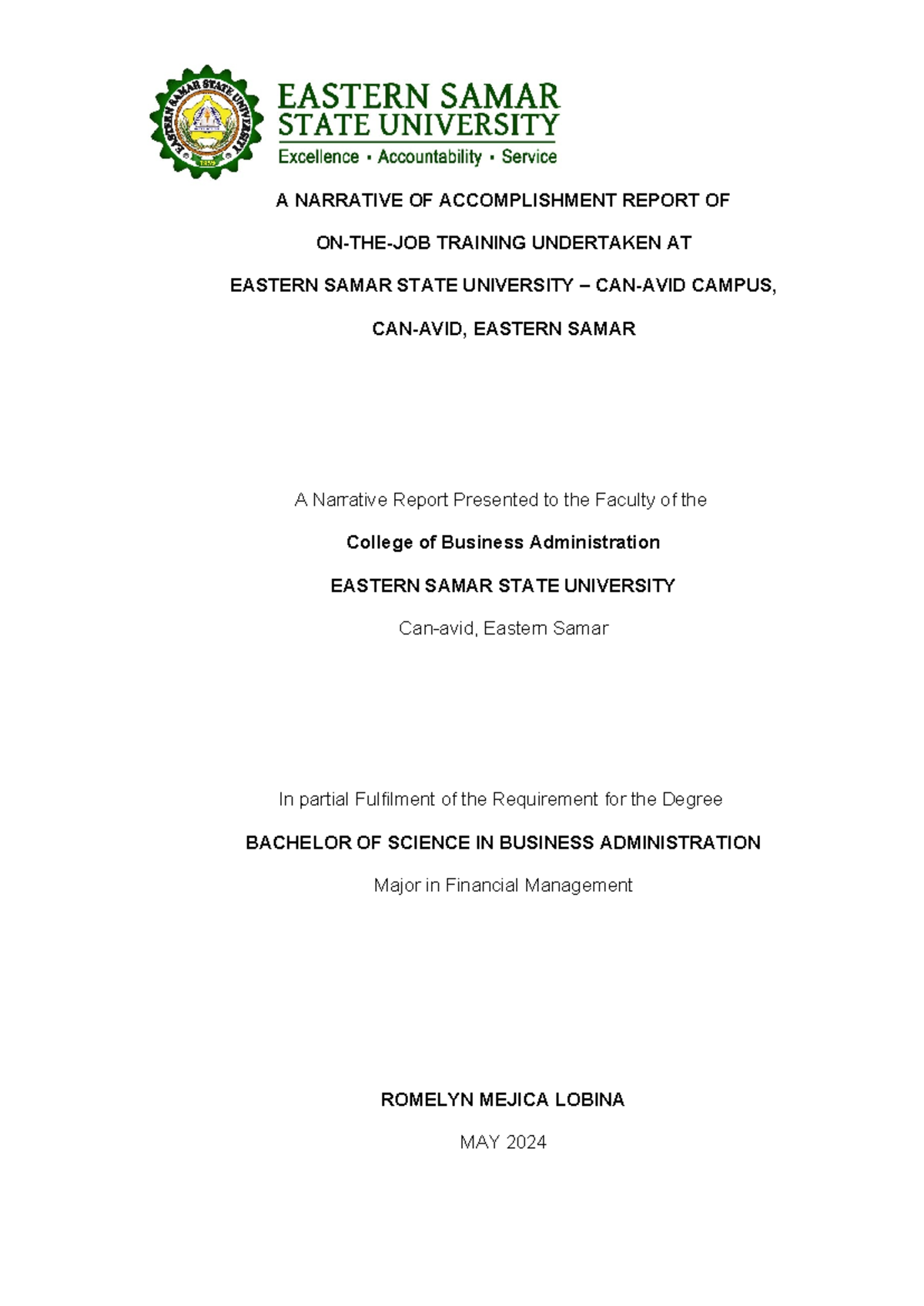Narrative Report: OJT Experience at ESSU - BSBA Financial Management ...