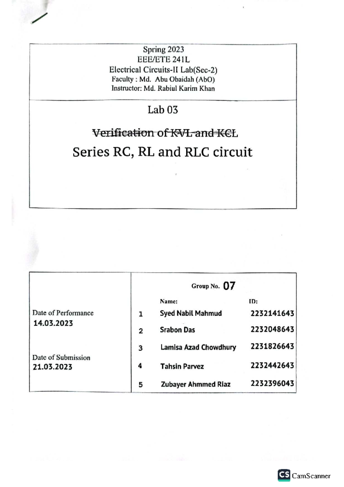 Lab 3: Series RC, RL, and RLC Circuit Analysis - Spring 2023 CS - Studocu
