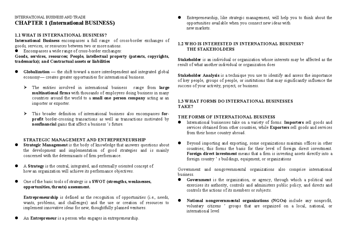 Chapter 1 International Business AND Trade - INTERNATIONAL BUSINESS AND ...