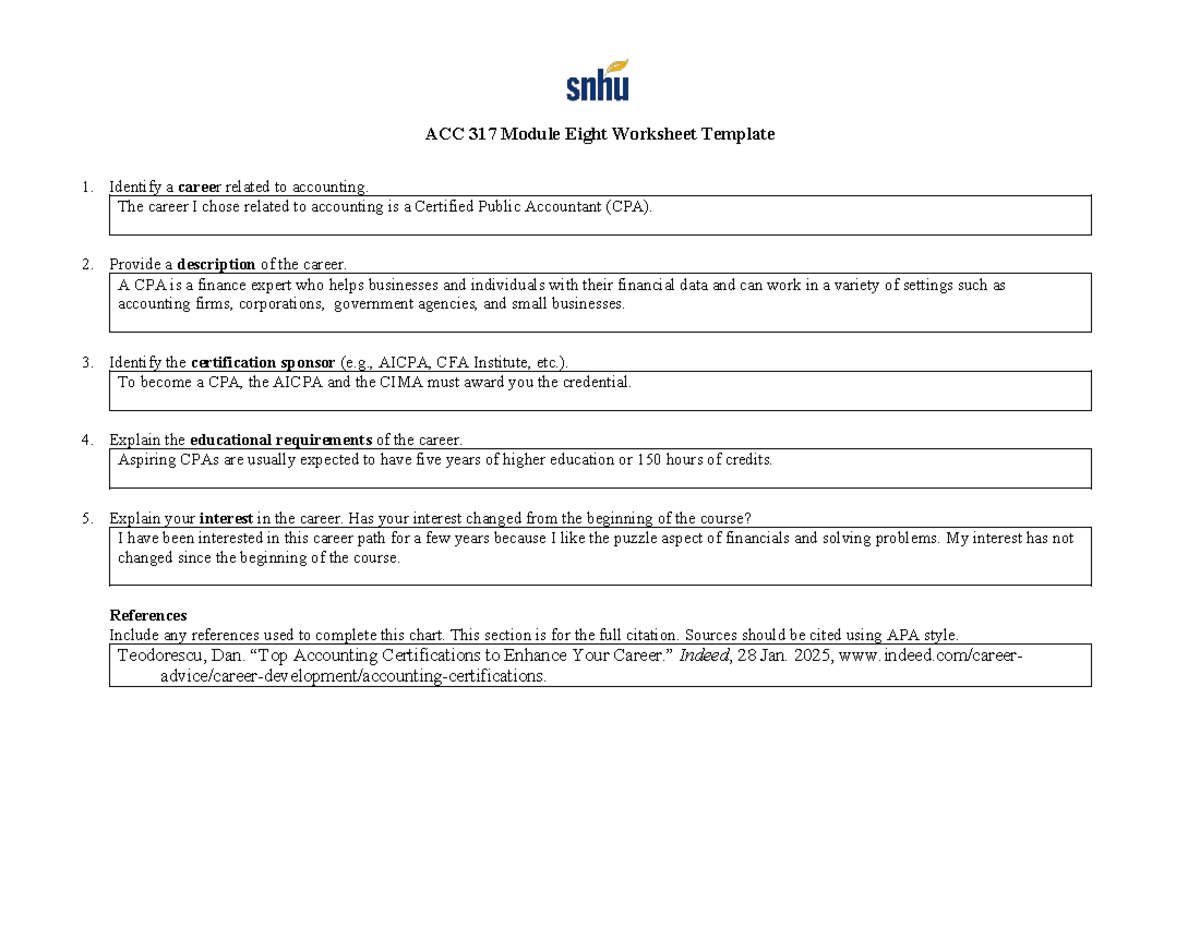 ACC 317 Module Eight Worksheet - Identify a career related to ...