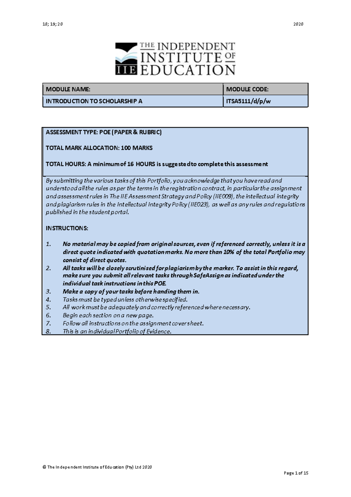 POE - POE GUIDE - © The Independent Institute of Education (Pty) Ltd ...